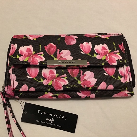 Tahari | Bags | Tahari Black Wpink Floral Button Close Wallet Nwt ...